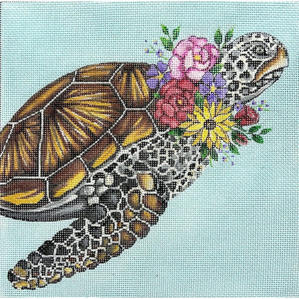 Sea Turtle with Flowers-18 mesh | Radish Roots Needlepoint