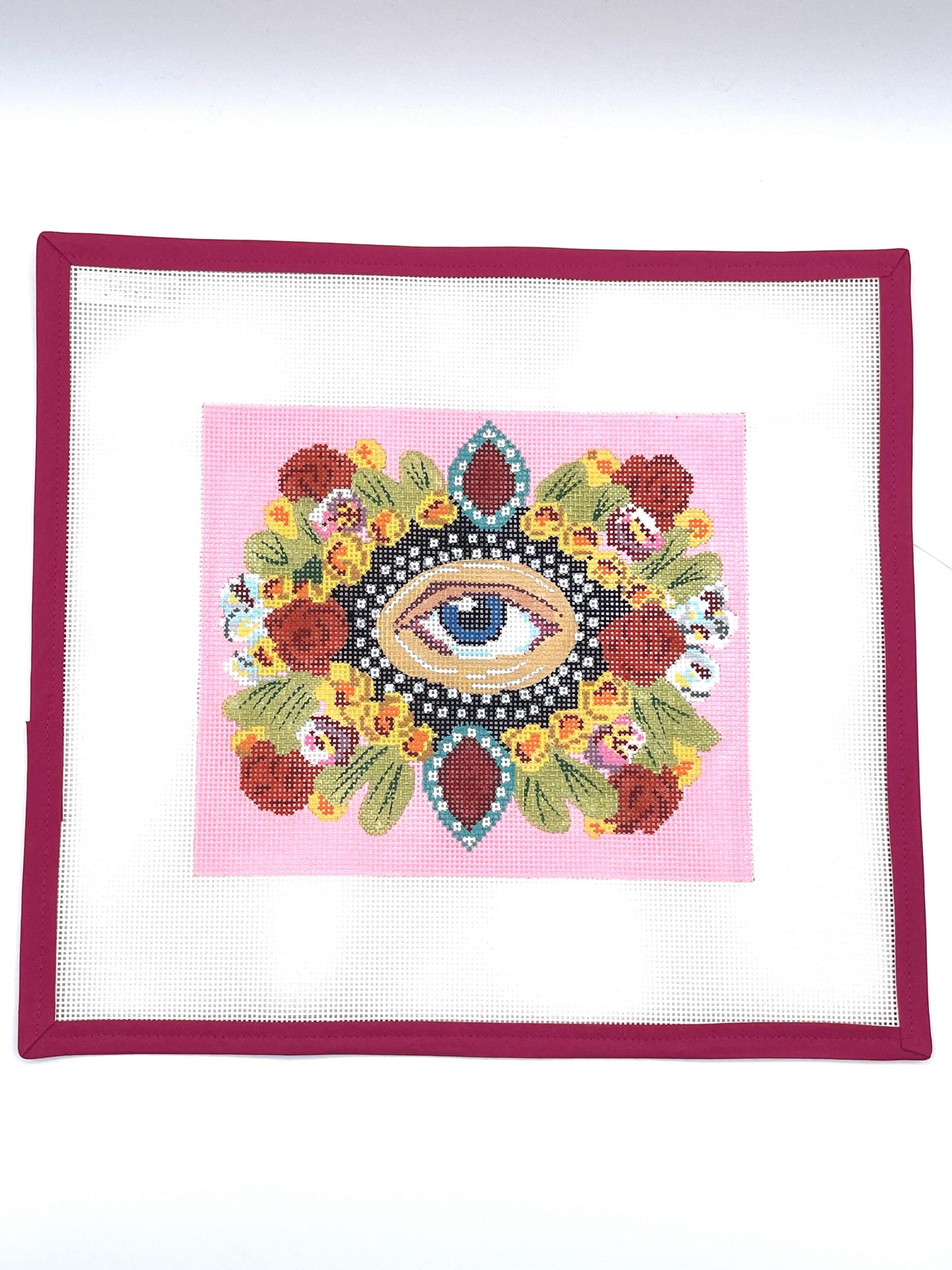 Eye with Roses & Dots- 8 1/2" x 7 1/4"- 13 Mesh | Radish Roots Needlepoint