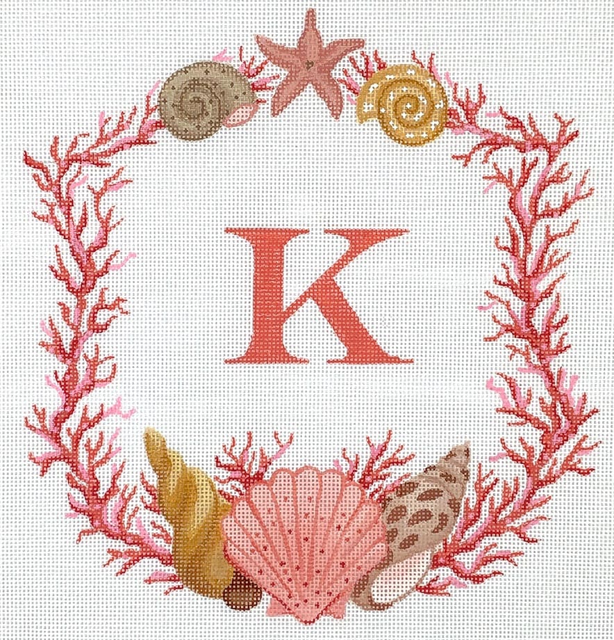 Monogram Crest - Coral & Shells -8" x 8 3/8" - 18 Mesh | Radish Roots ...