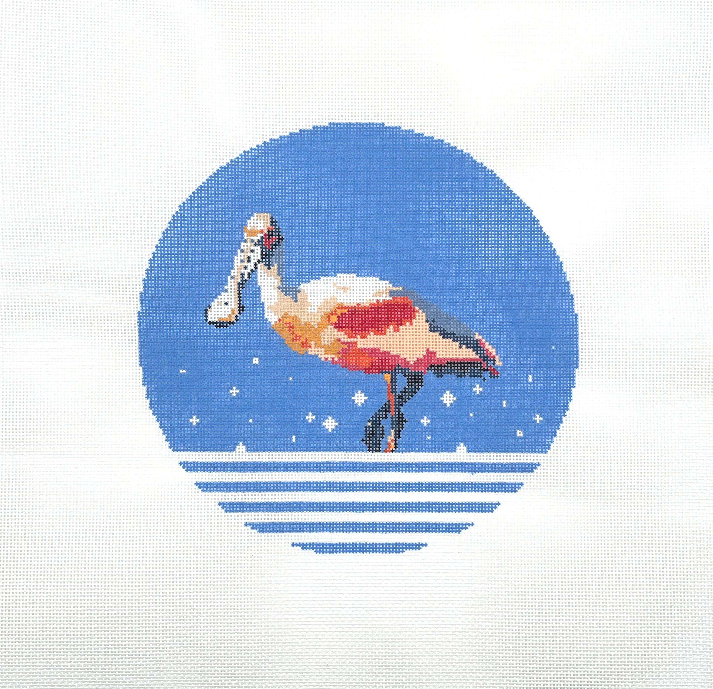 Roseate Spoonbill-A002- 10" Round- 13 Mesh - Radish Roots Needlepoint