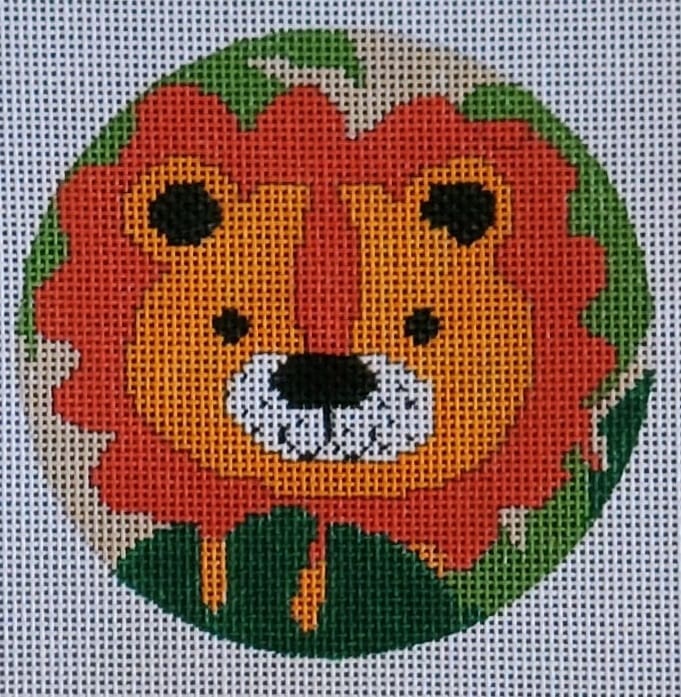 Lion Ornament- 4" Round -18 Mesh - Radish Roots Needlepoint